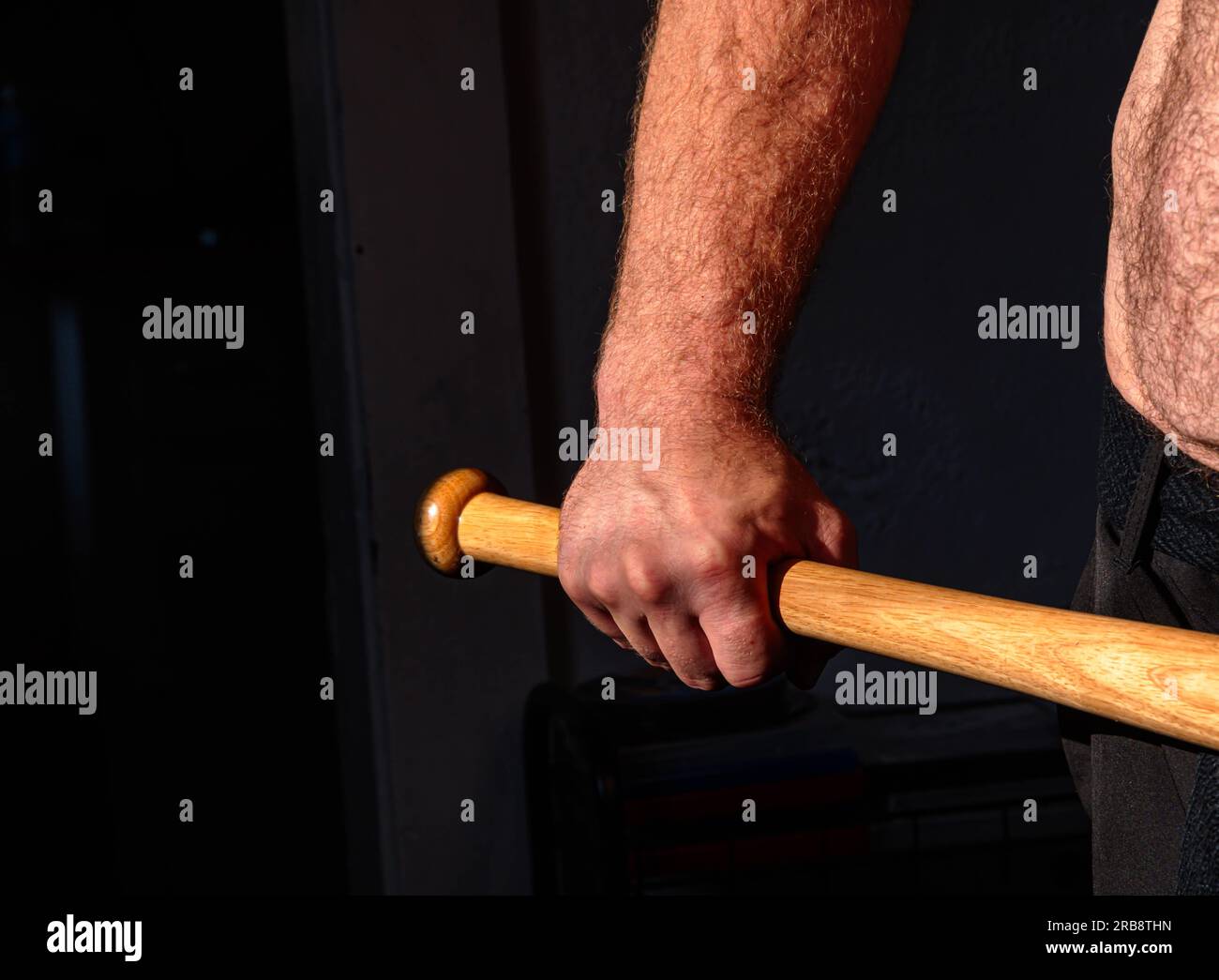 Abstract shot of close up baseball bad held in hand by a muscular man ...