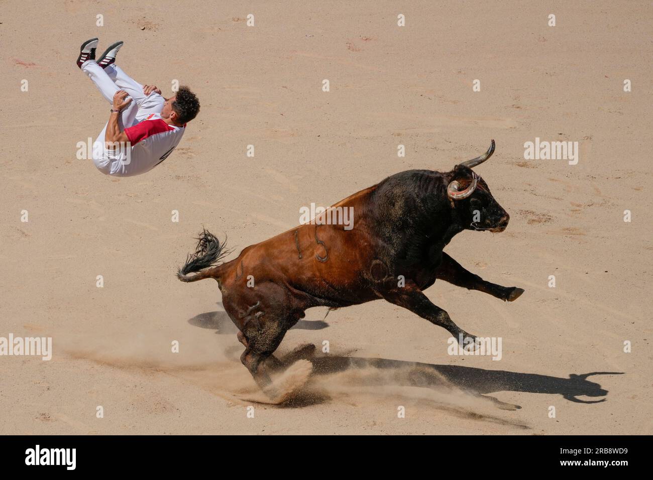Pamplona, Spain. 08th July, 2023. A "Recortador" performs a somersault ...