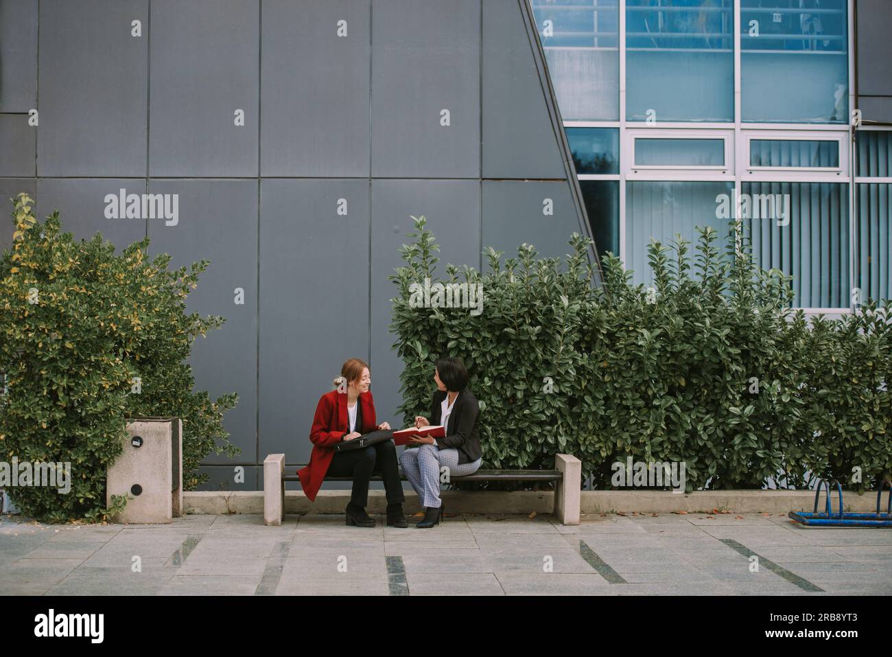 Two beautiful business women talking while sitting on the bench near ...