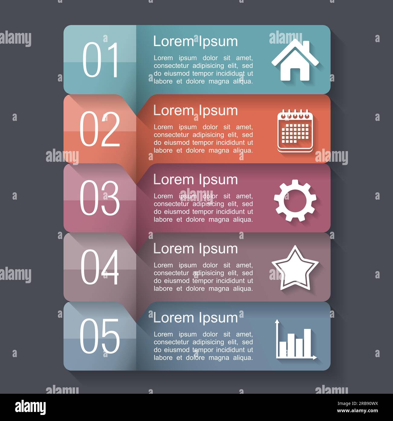 Infographics design template with five elements, text boxes with ...