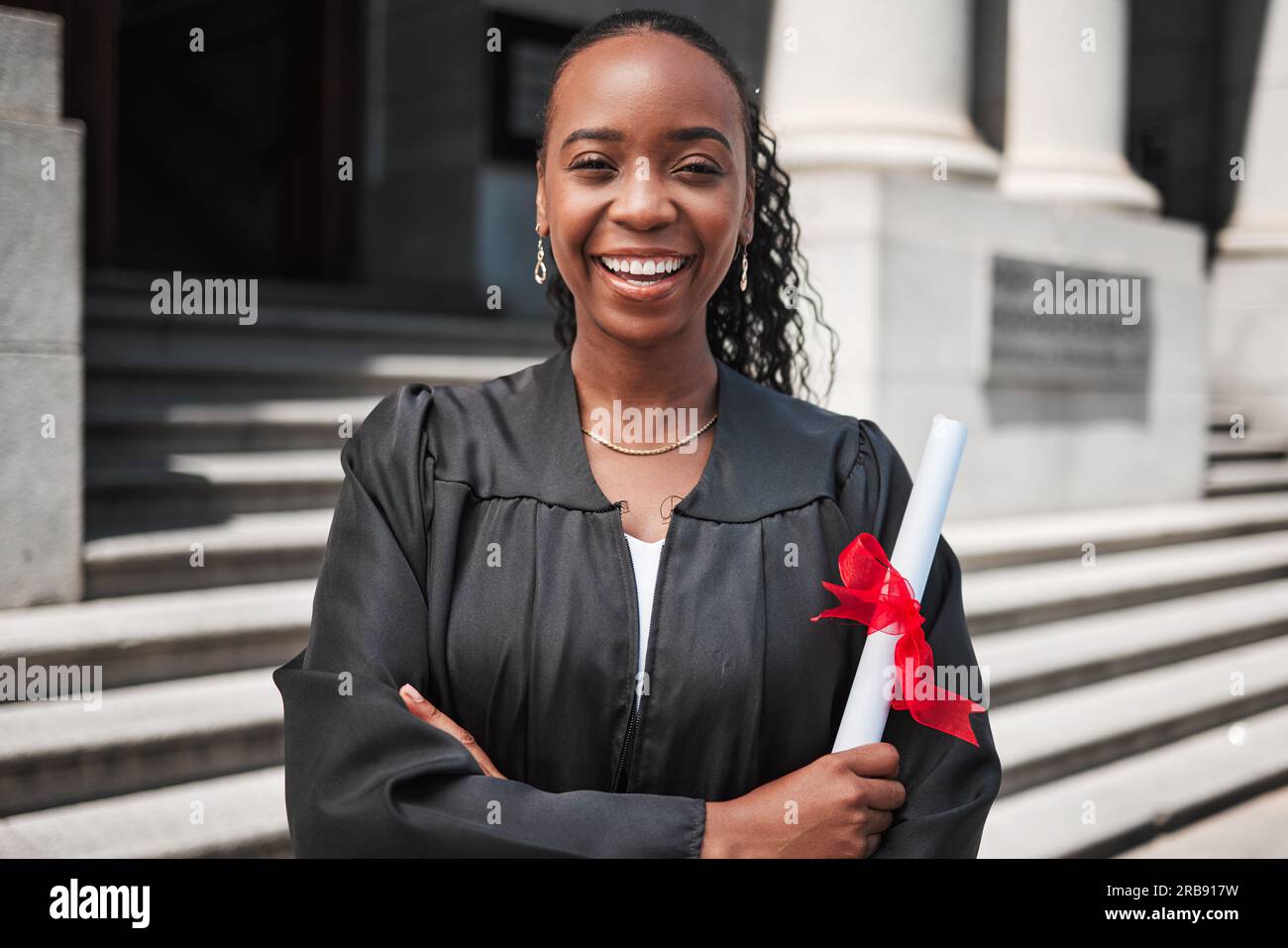 Portrait, black woman and graduation, diploma and celebration ...