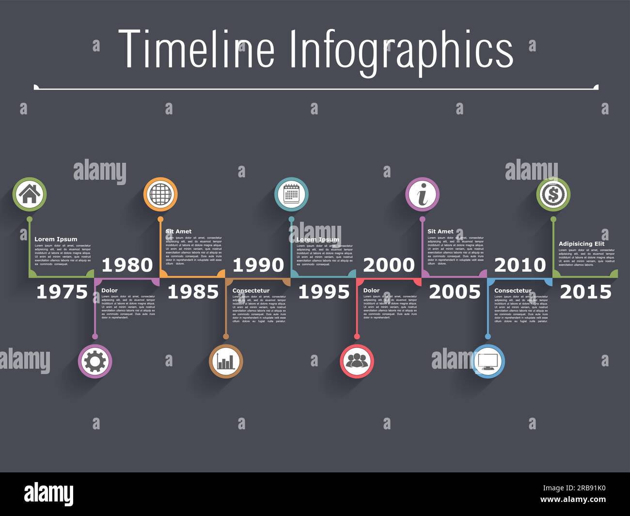 Horizontal timeline infographics with text, dates and icons, dark ...