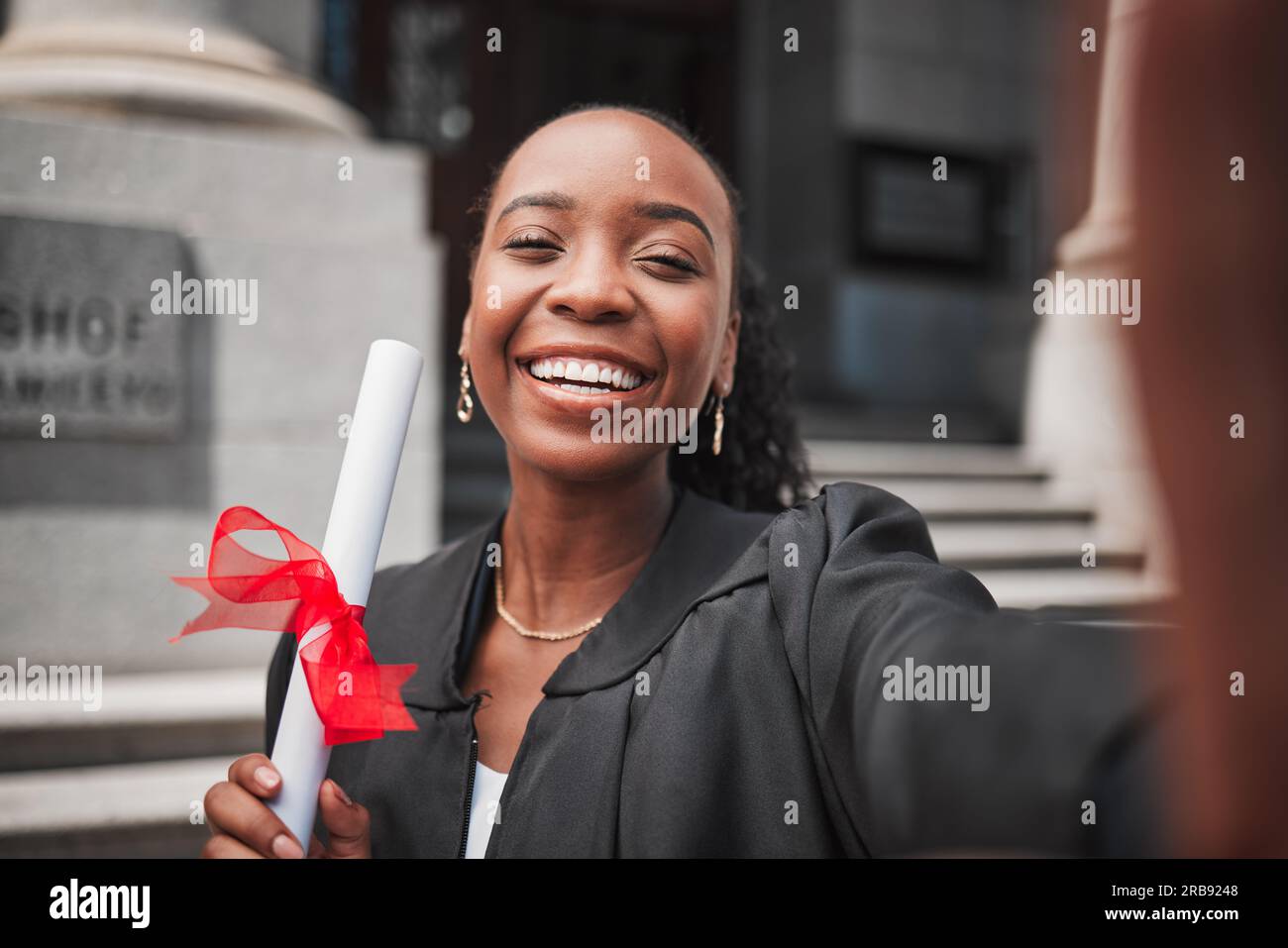 Selfie, black woman and graduation, certificate and celebration memory ...