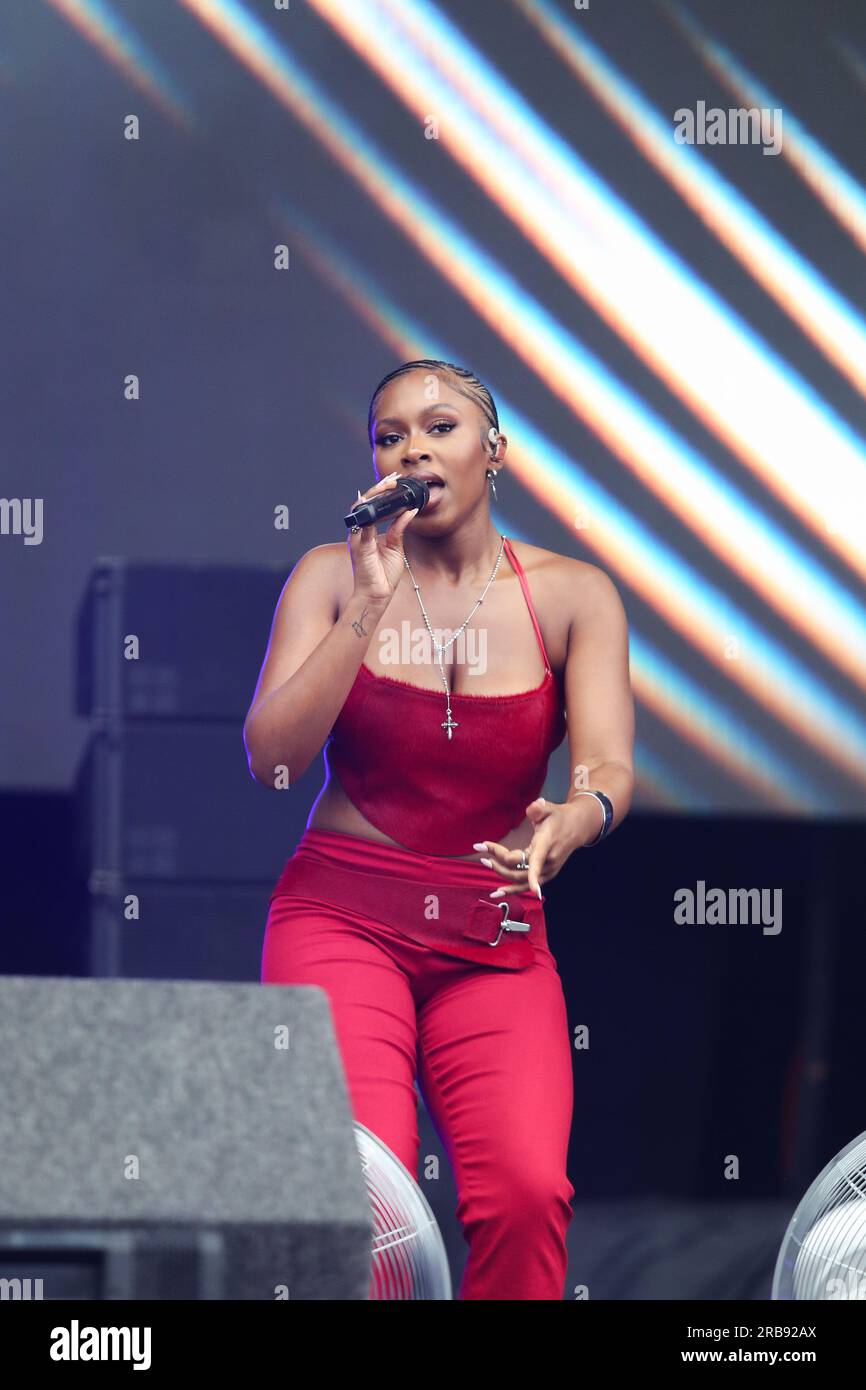 London, UK. July 8, 2023. Renee Downer of FLO performs at the Wireless Festival in Finsbury Park ...