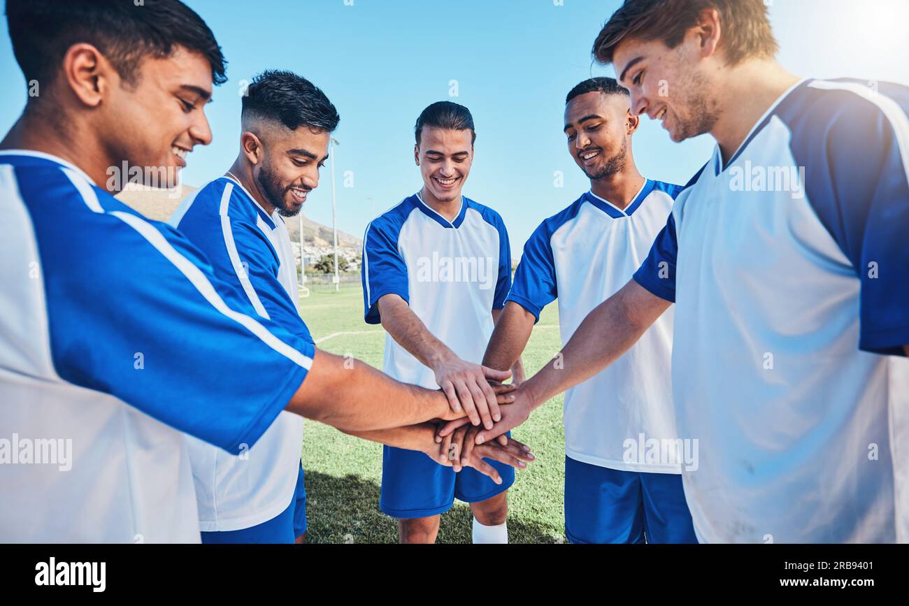 Fitness, circle and soccer team with their hands together for ...
