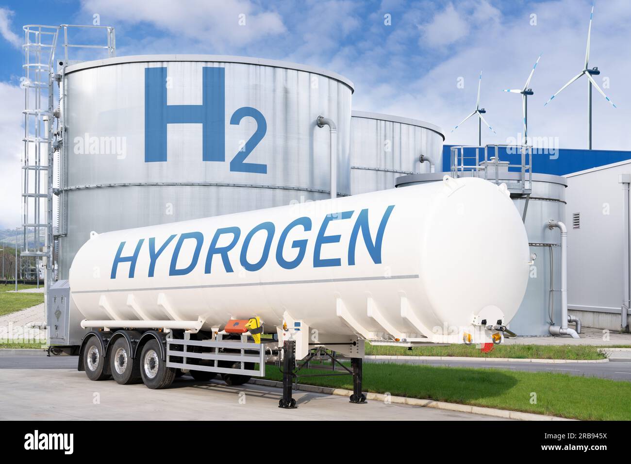 Hydrogen tank trailer on the background of gas storage. New energy ...