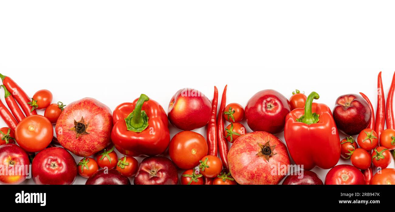 Panoramic set of ripe, juicy red color fruits and vegetables on white ...