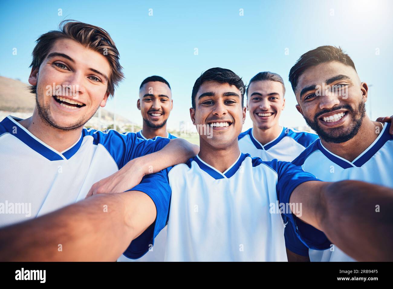 Soccer player men, team selfie and field for social media post, memory ...