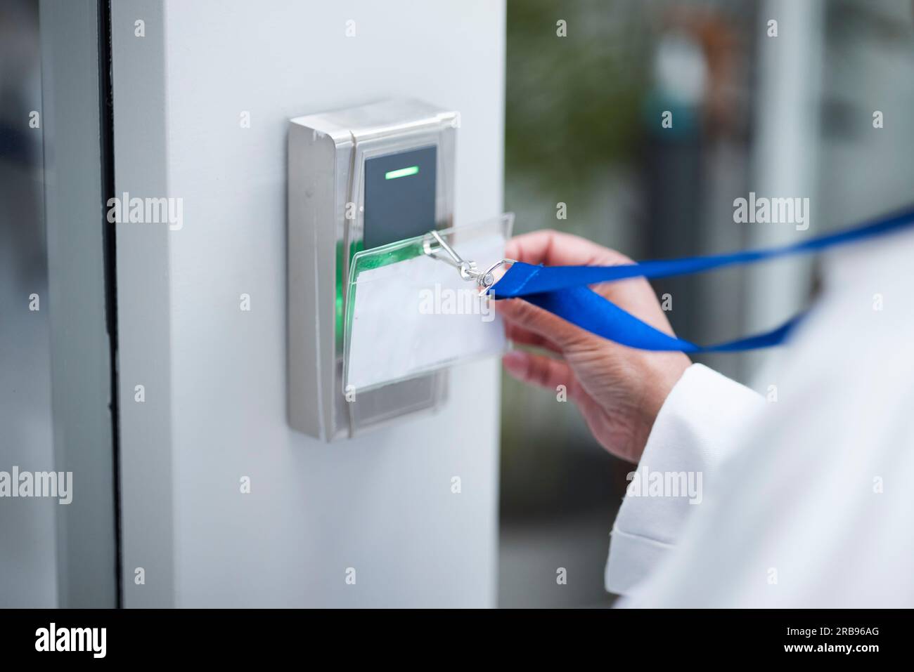 Hand, key card and scan for security door, entrance or access control ...