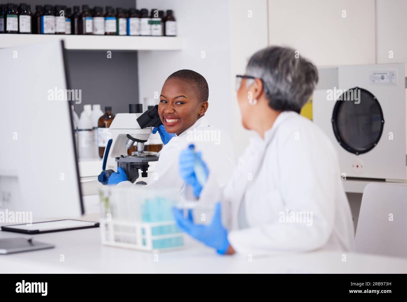 Science, talking and women with research, medical and planning with ...