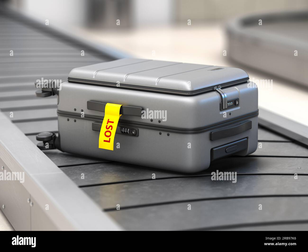 Suitcase with lost sticker on an airport baggage conveyor or baggage ...