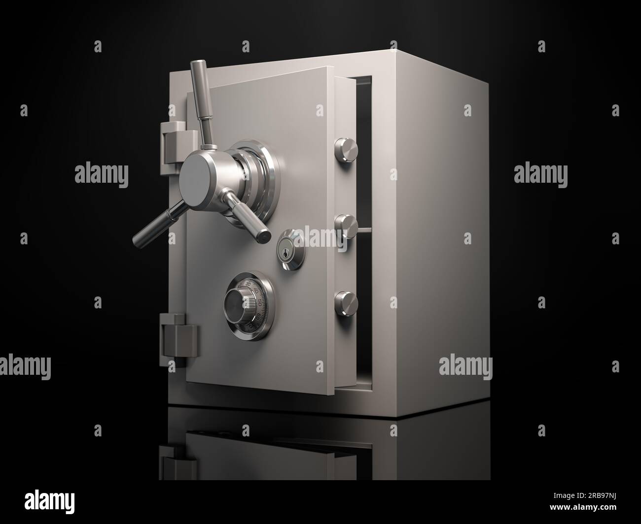 Open bank vault safe on black background. Security and protection. 3d ...