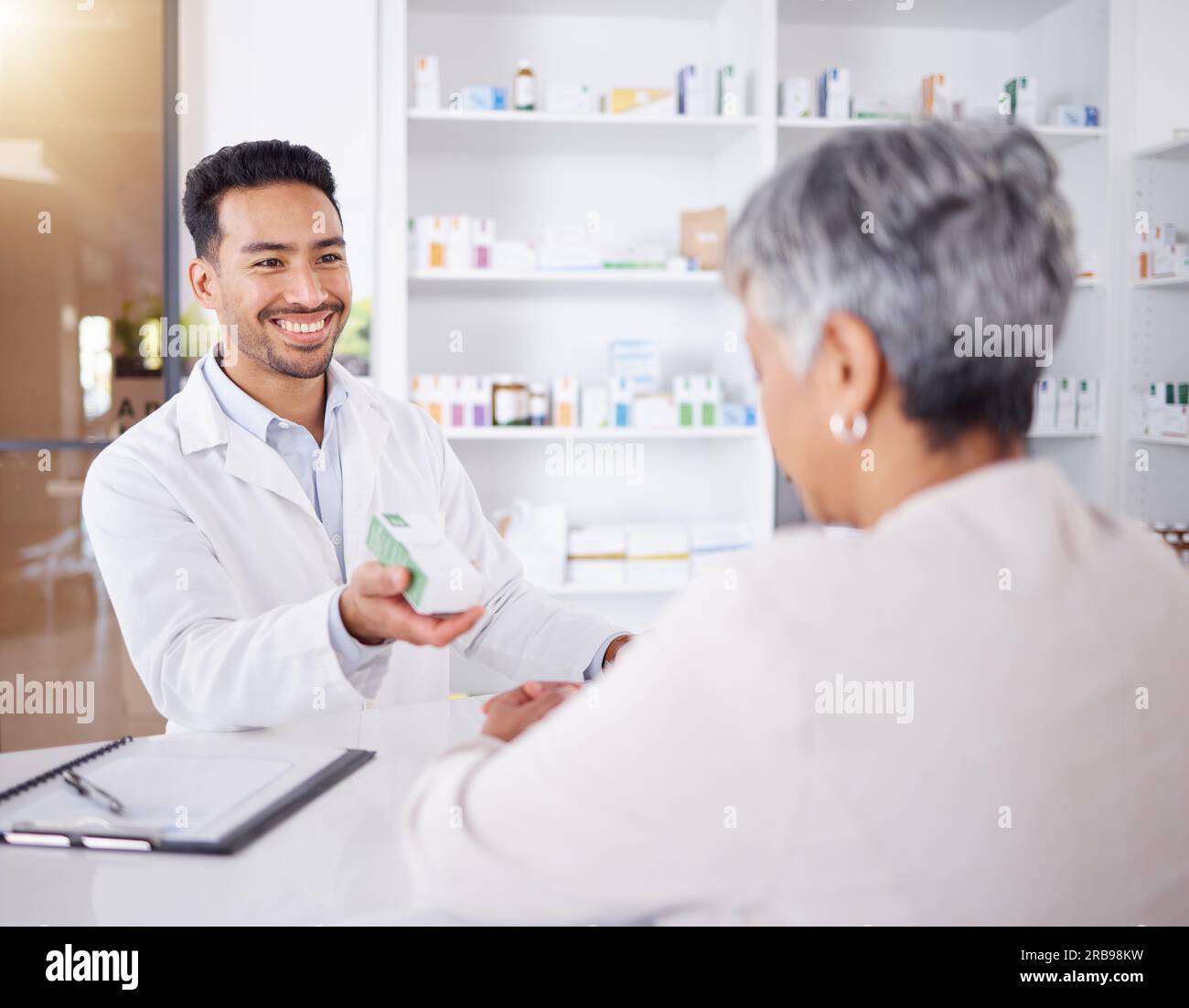 Senior woman, customer service and pharmacist with advice on medicine ...