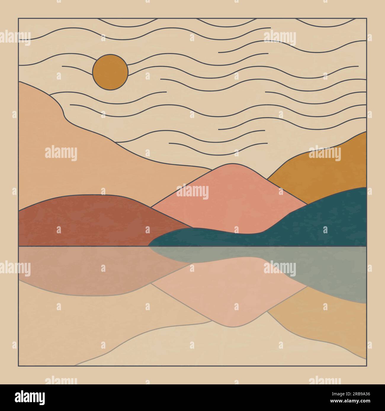 Minimalist landscape with lake and mountains print. Abstract sunset ...