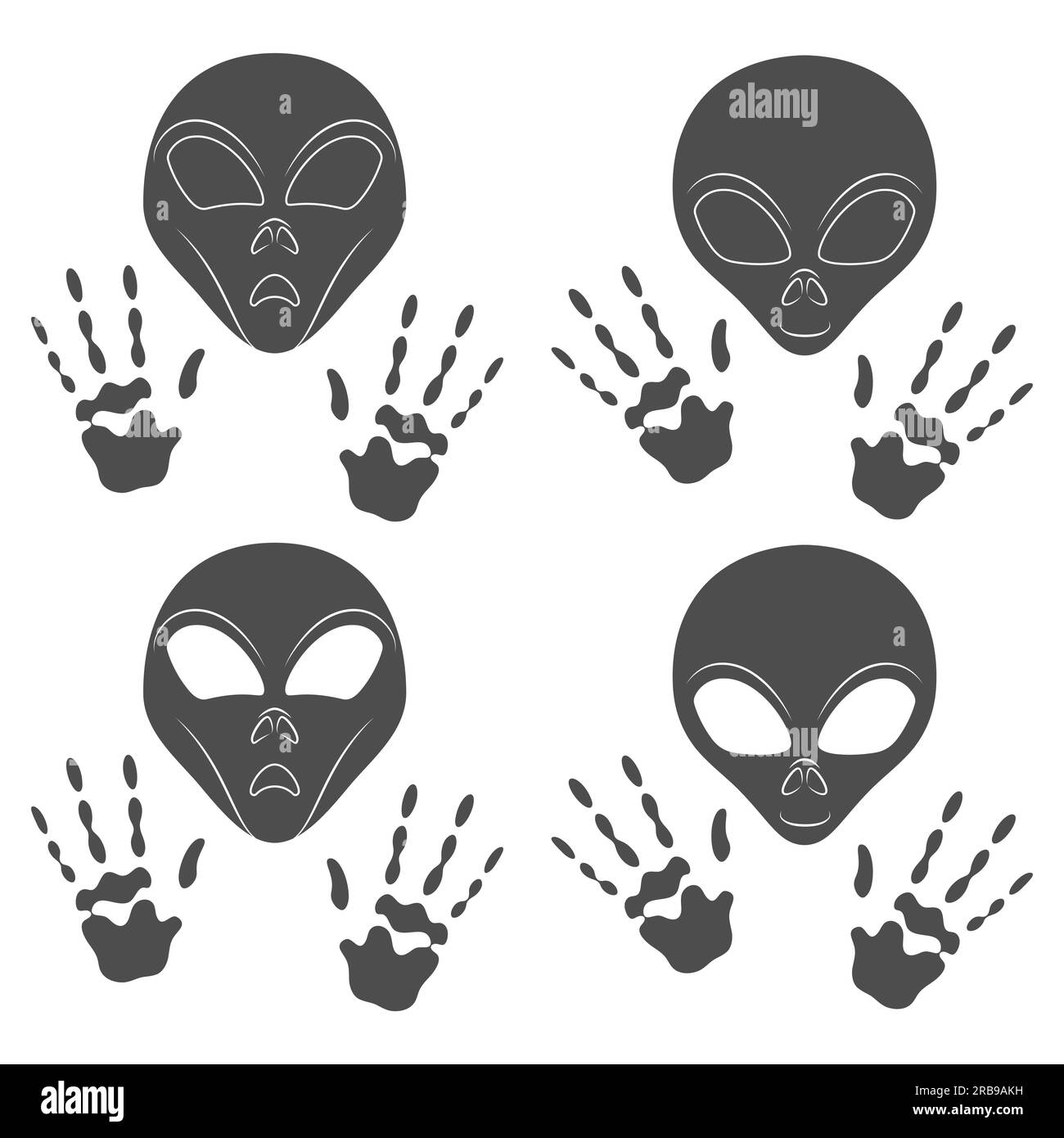 Set of black and white illustration with alien face and hands. Isolated ...