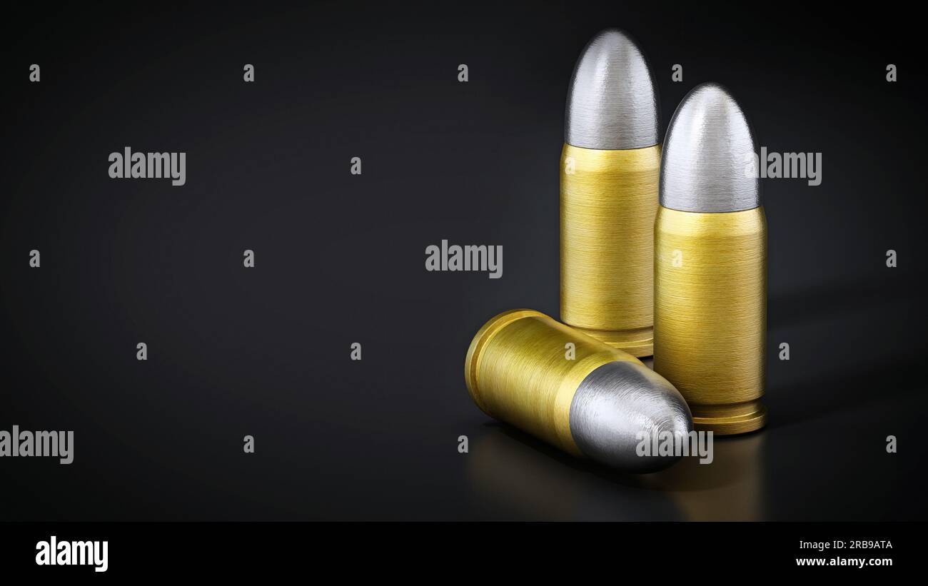 Various pistol bullets isolated on black background. 3D illustration ...