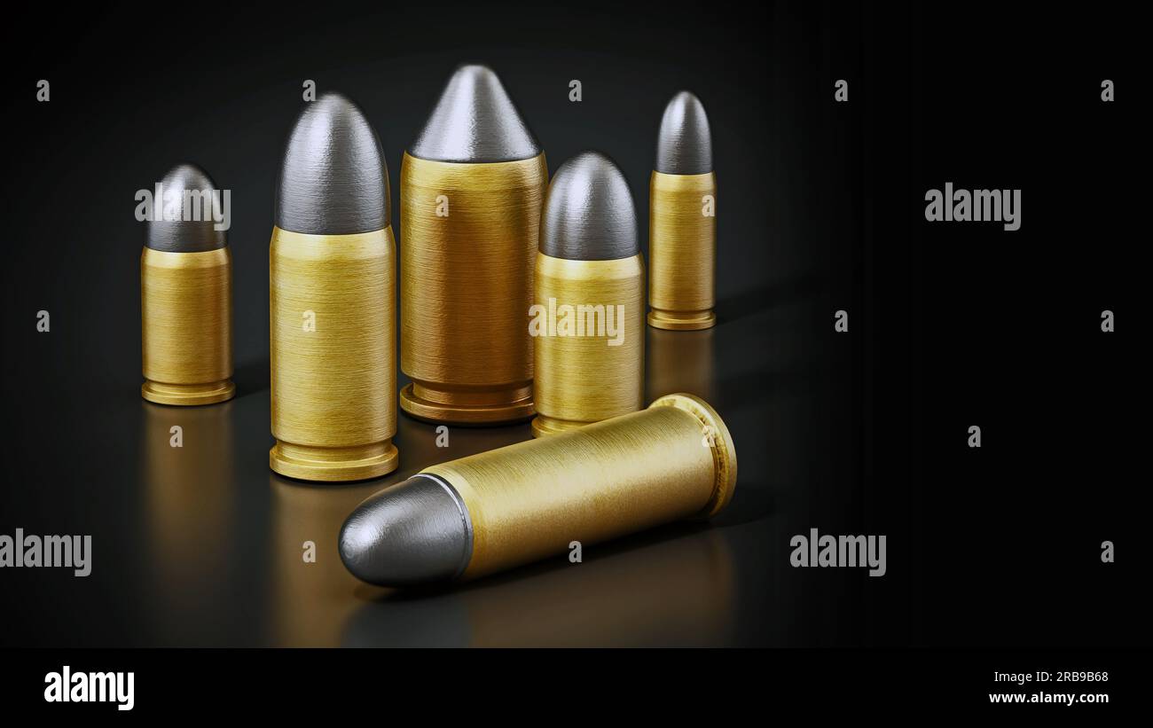 Various pistol bullets isolated on black background. 3D illustration ...