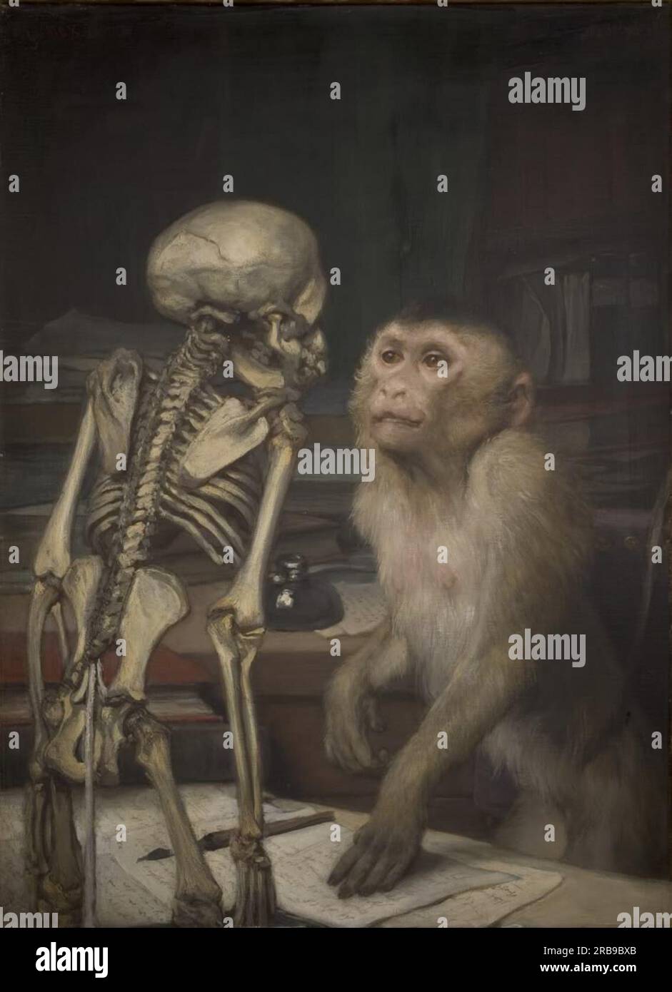 Monkey before skeleton 1900 by Gabriel von Max Stock Photo - Alamy