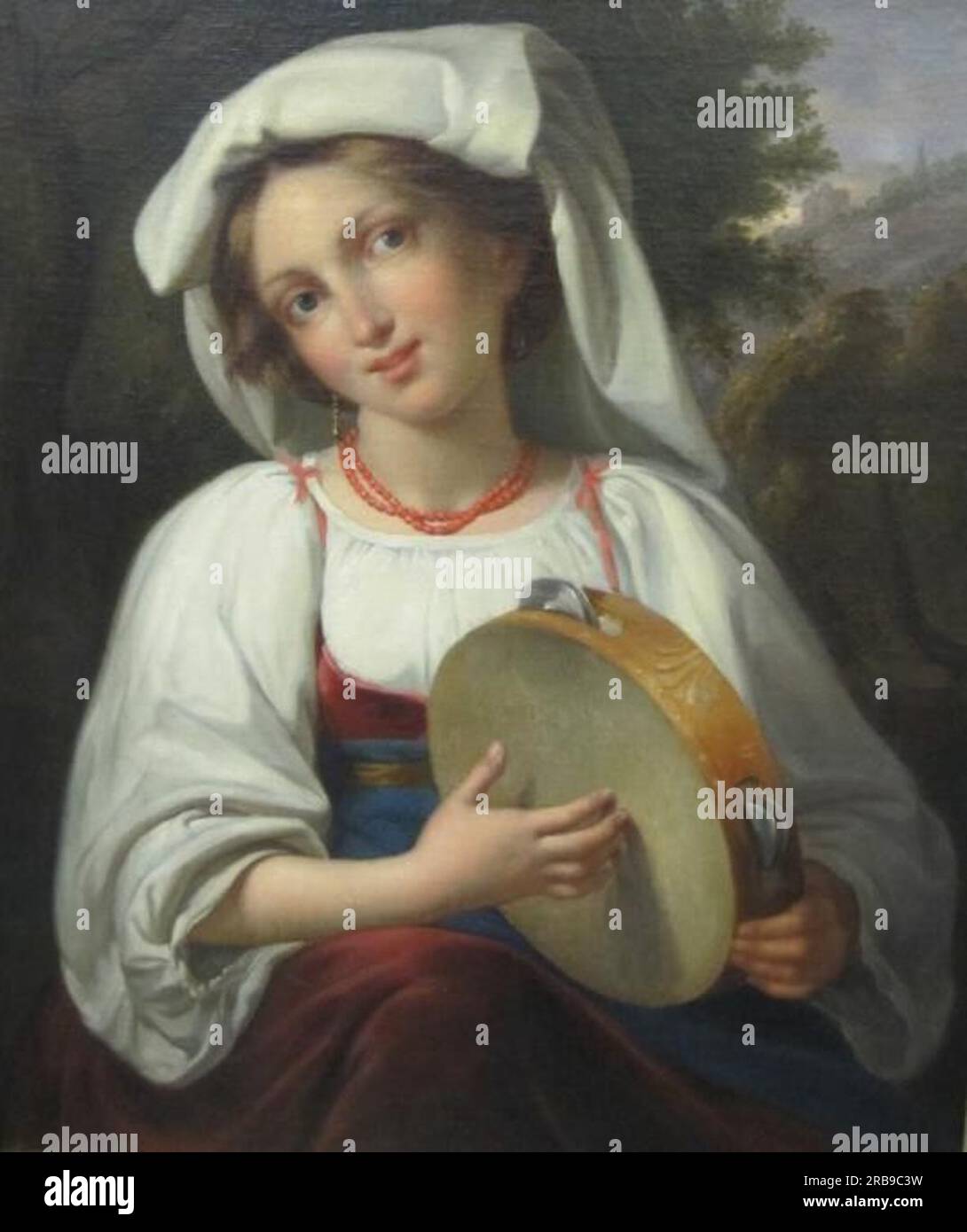 A Neapolitan Girl in traditional costume, holding a tambourine and ...