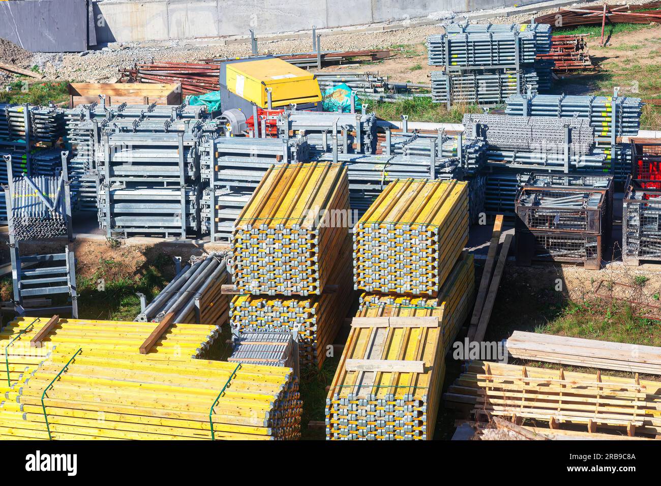 Pile of steel bars at the construction site. View from above industrial ...