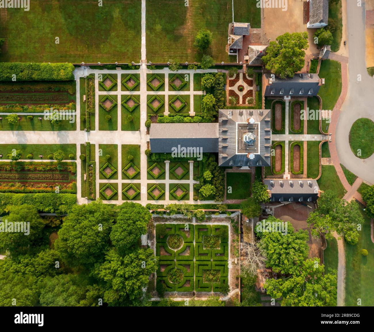 Drone top down view of roof and formal gardens of Governors Palace in ...