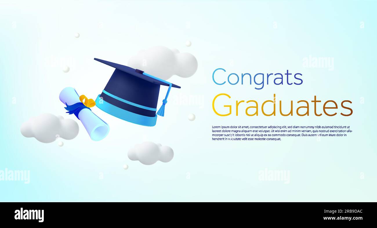 3d flying blue graduation cap or hat and diploma, cloud, isolated on ...