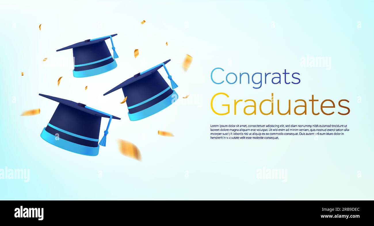 3d flying blue graduation caps or hats, isolated on background. Banner ...