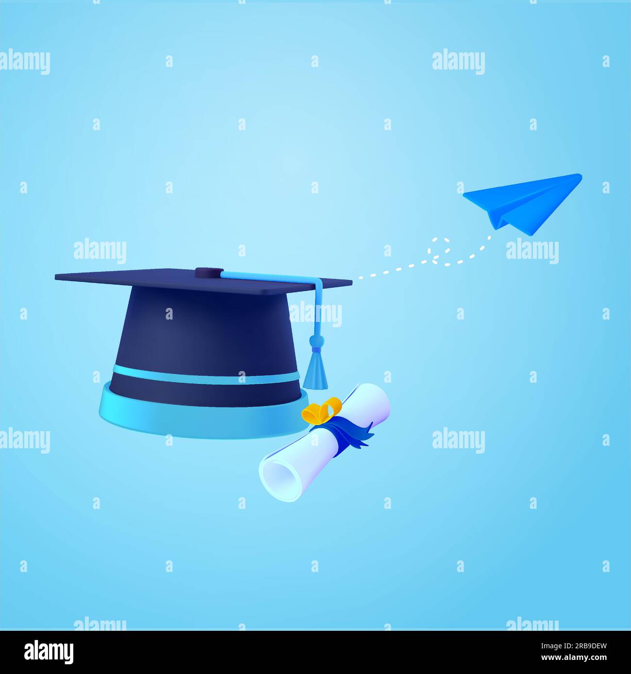 3d graduation cap or hat and diploma, flying paper plane, isolated on ...