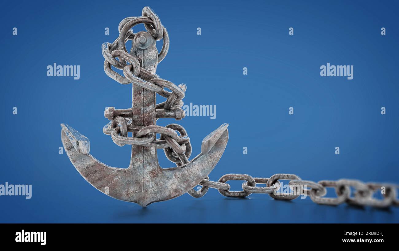 Rusty metal anchor and chain isolated on white background. 3D ...