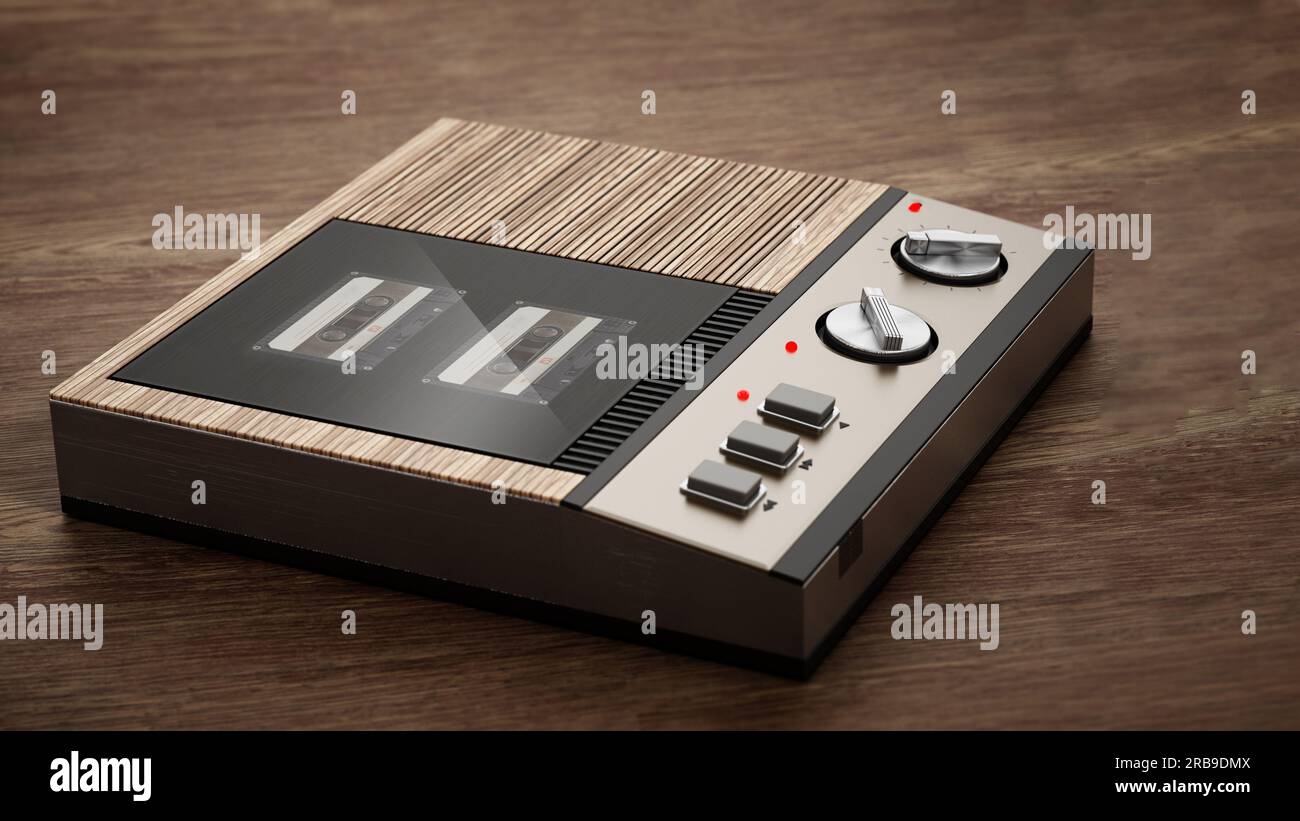 Vintage answering machine standing on wooden table. 3D illustration ...