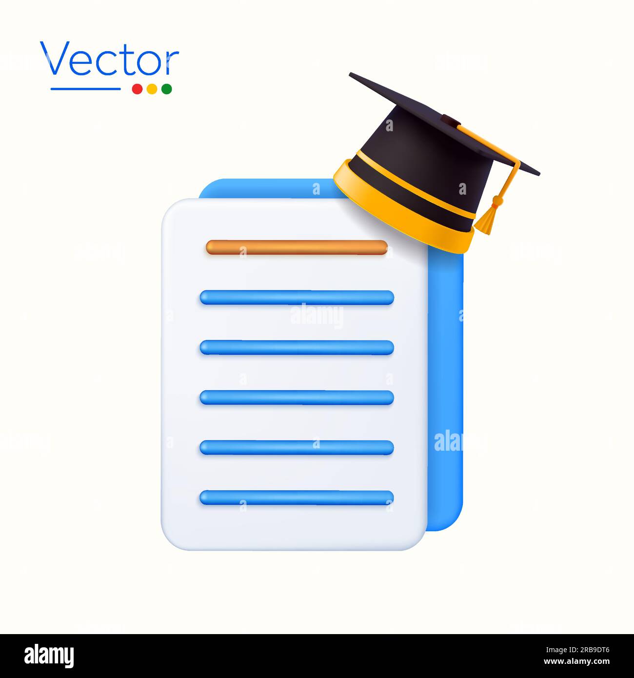 3d graduation cap or hat and documents, isolated on background. Concept ...