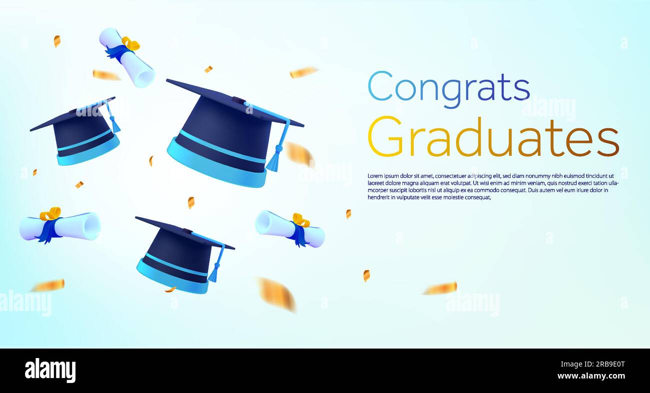 3d flying blue graduation caps or hats with diplomas, isolated on ...