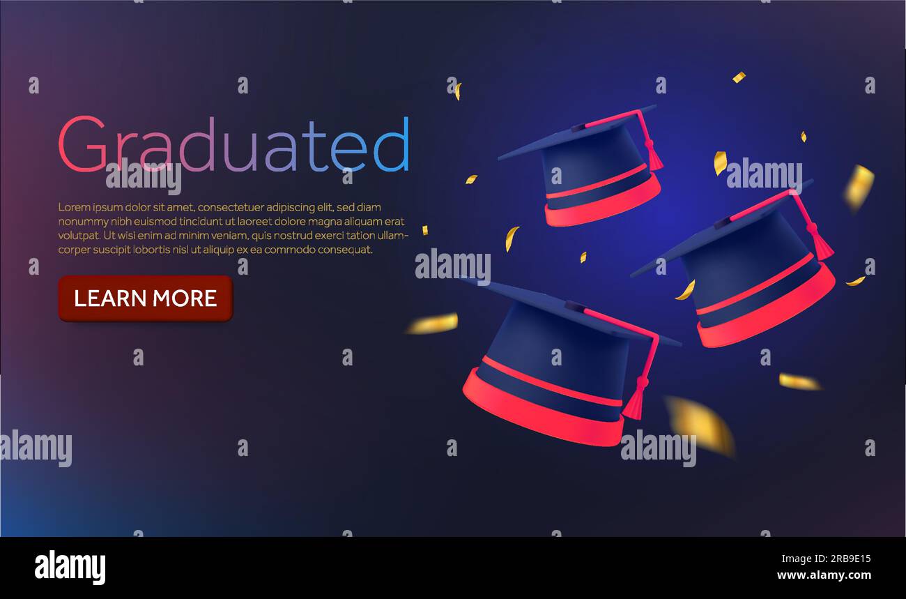 3d flying red graduation caps or hats, isolated on background. Banner ...