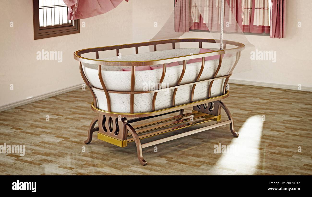 Classic style baby crib standing at the center of the room. 3D ...