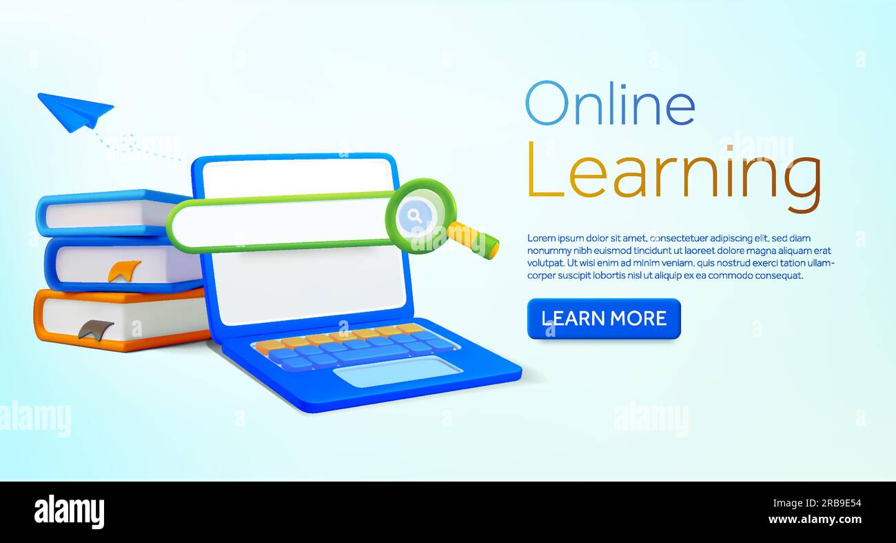 3d books with laptop, search box, magnifying glass, isolated on ...