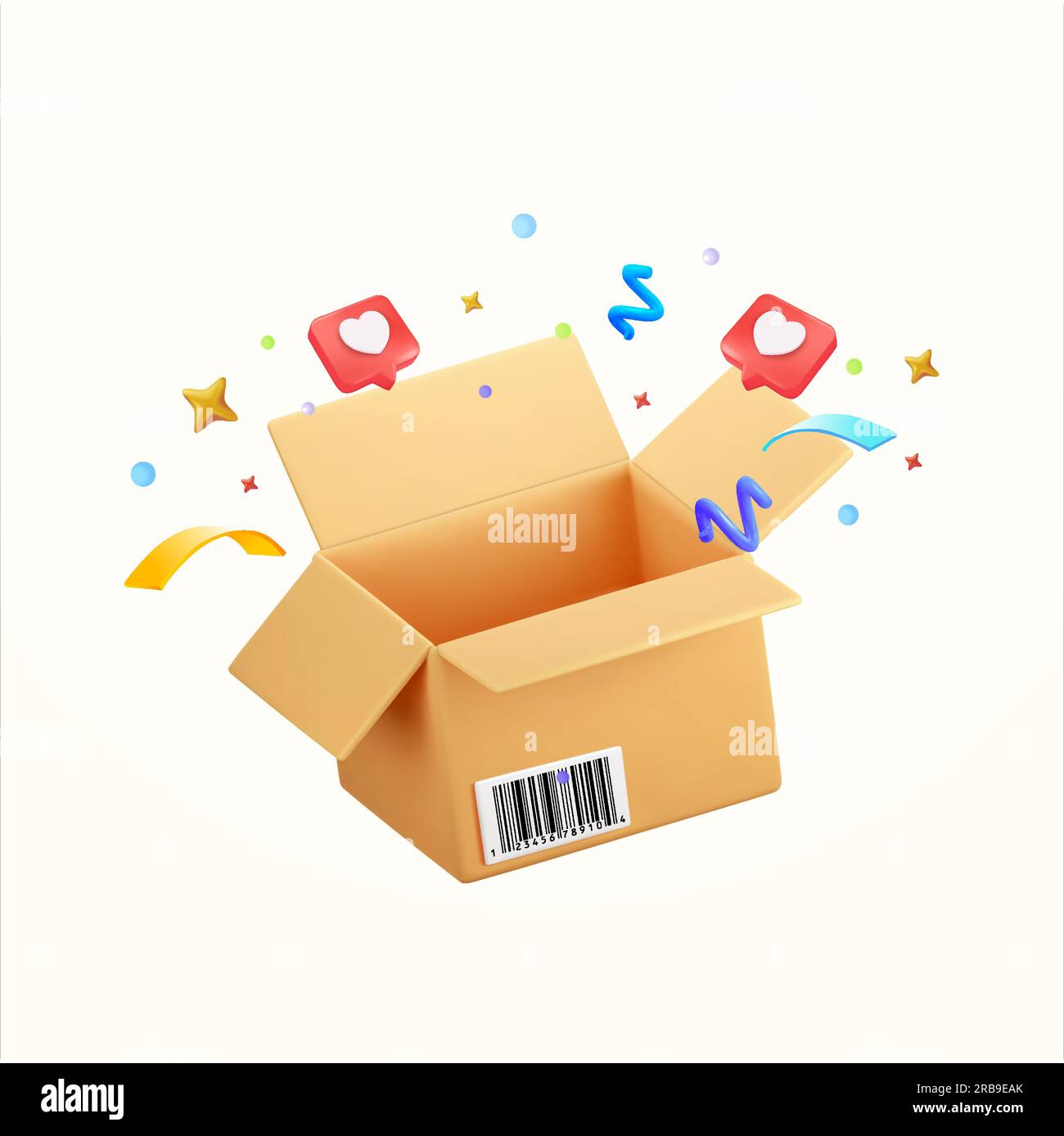 3d opened package box or cargo box with barcode, heart icons, confetti ...