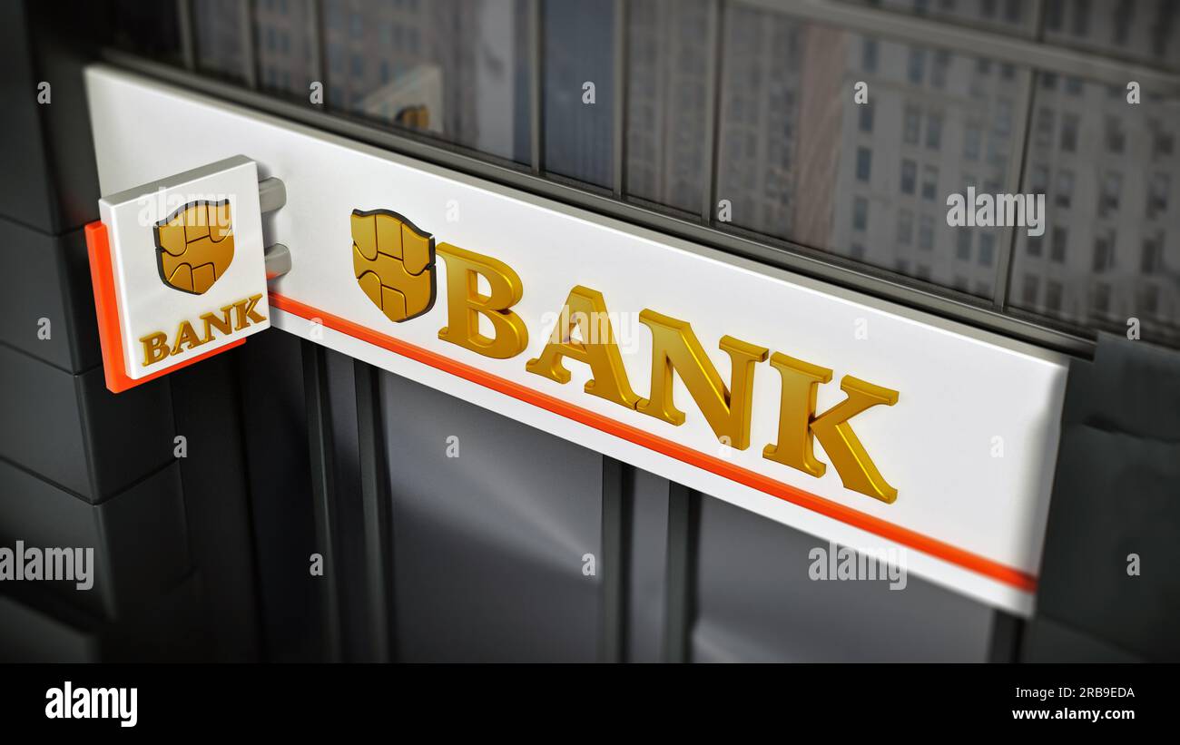 Bank signboard with fictitious logo on building exterior. 3D ...