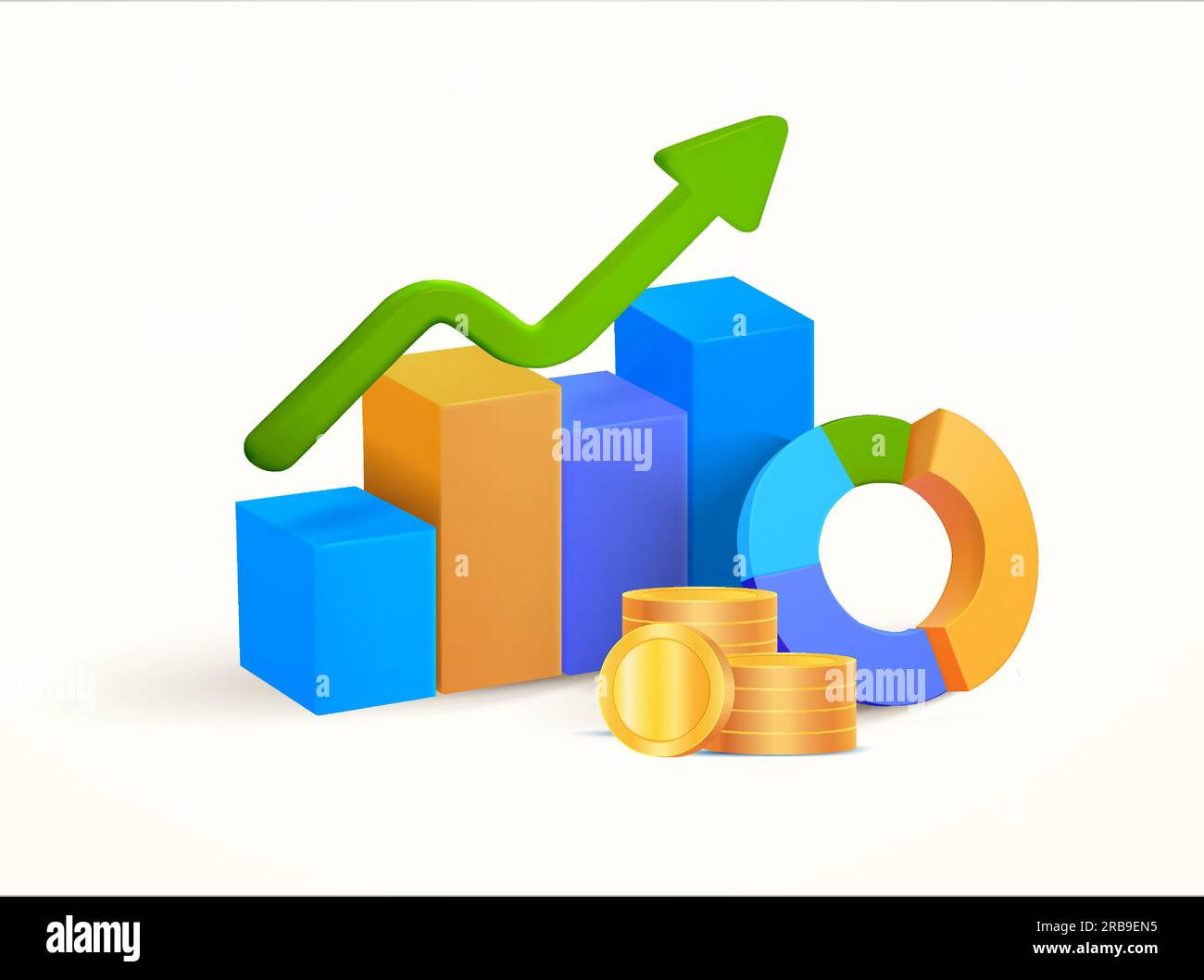 3d growing bar char, line chart with arrow, pie or wheel chart, stacks ...