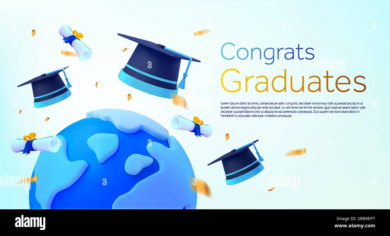 3d flying blue graduation caps or hats with diplomas, earth, isolated ...