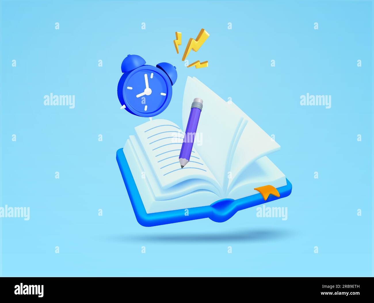 3d opened book with pencil, alarm clock, isolated on background ...