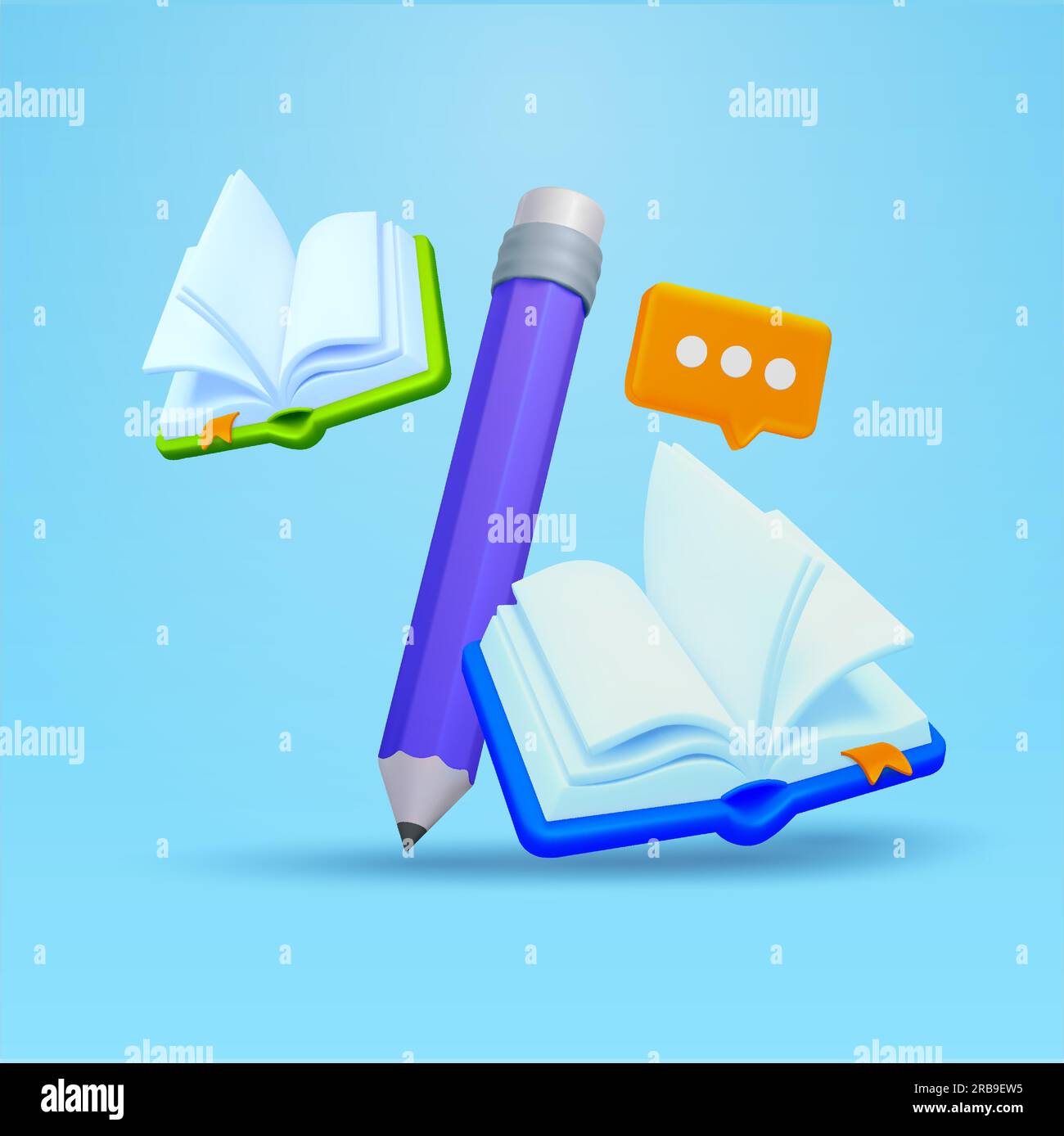 3d opened books with pencil, message or chat bubble, isolated on ...