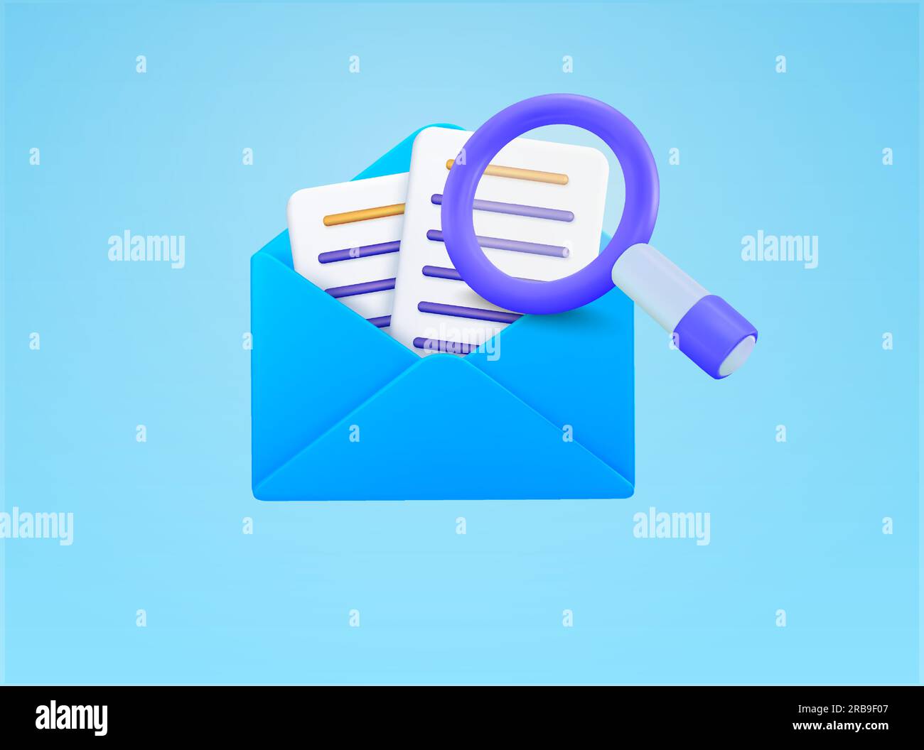 3d opened envelope with letters, magnifying glass, isolated on background. Concept for reading ...
