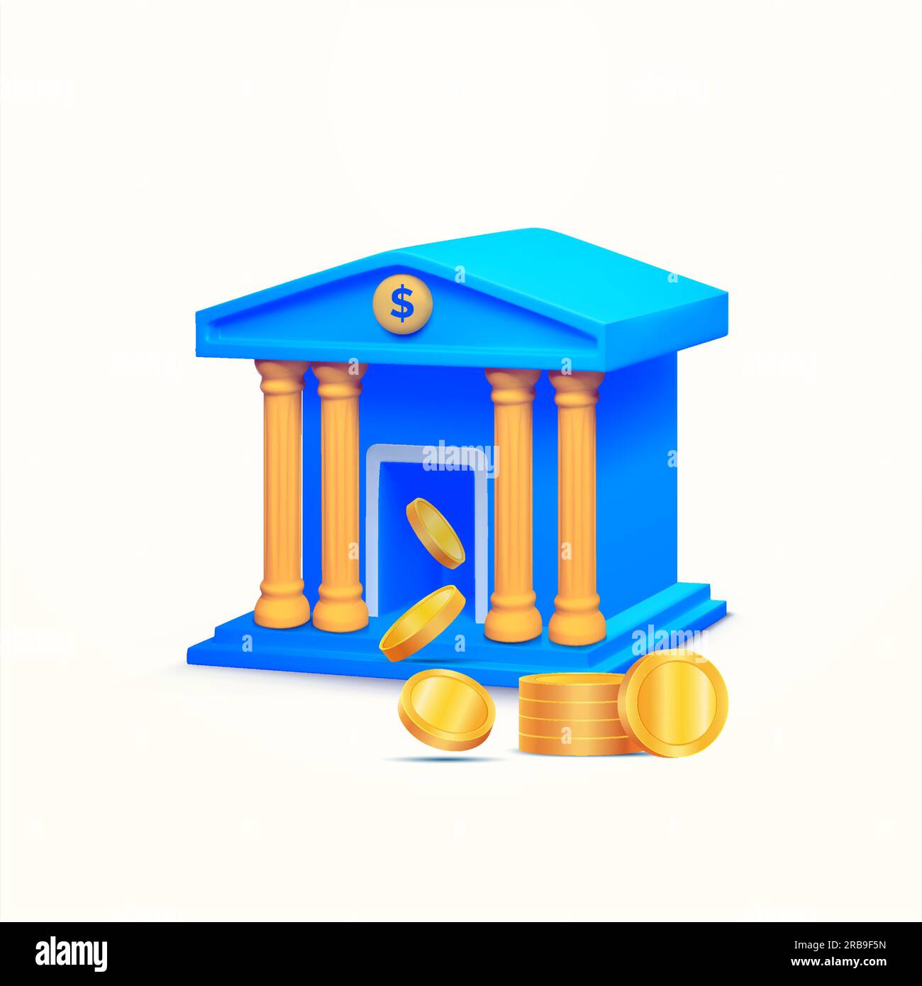 3d bank building with golden column, dollar sign, flow of coins, stacks ...