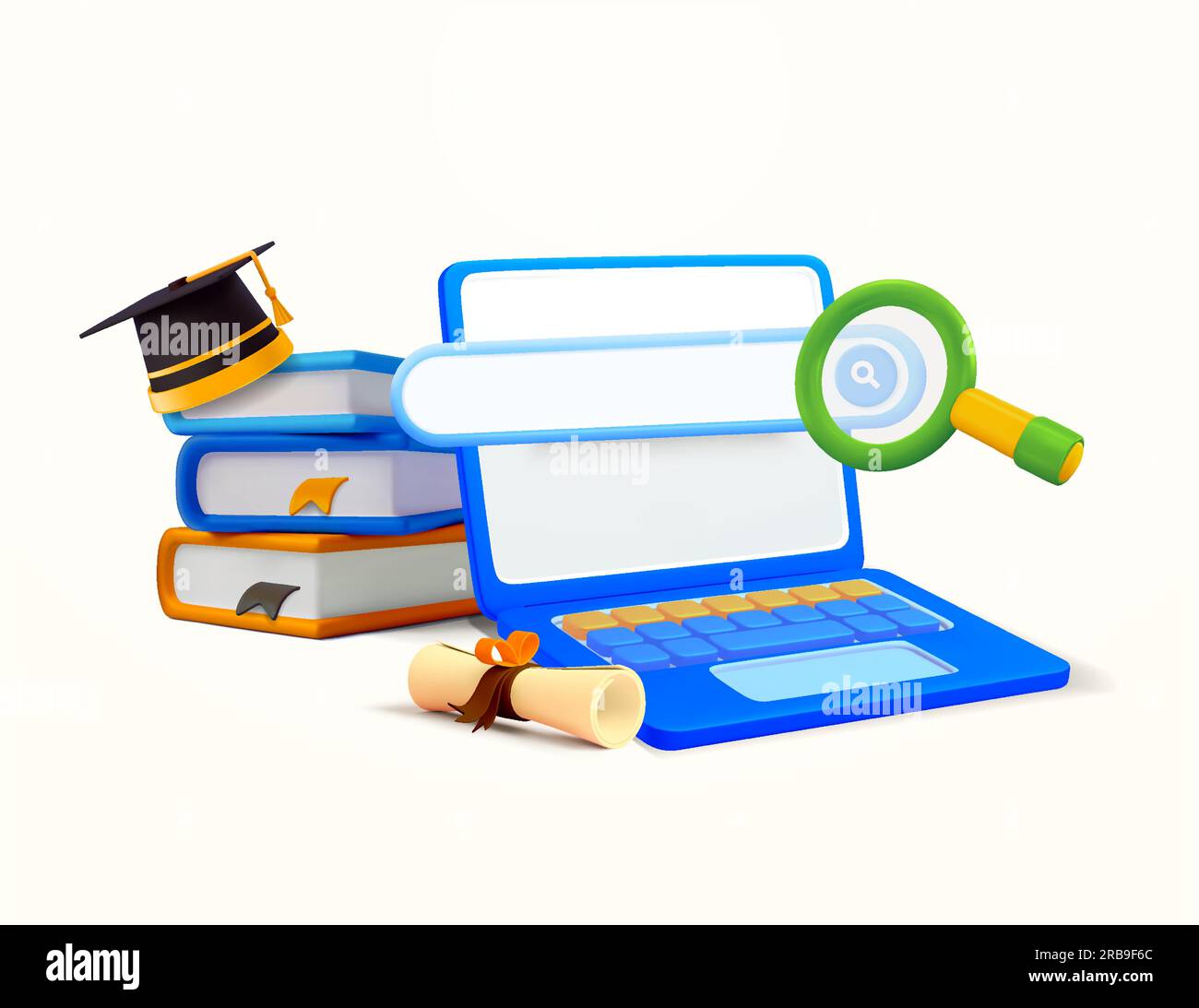 3d books and graduation cap, laptop, diploma, search, magnifying glass ...