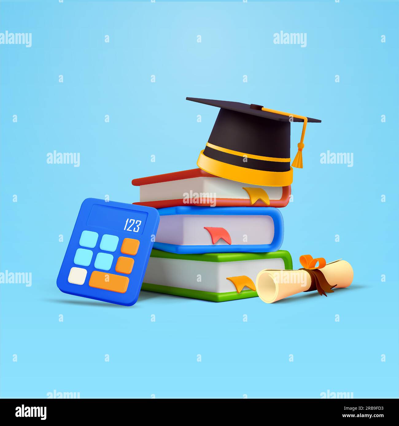 3d books and graduation cap or hat, calculator, diploma, isolated on ...