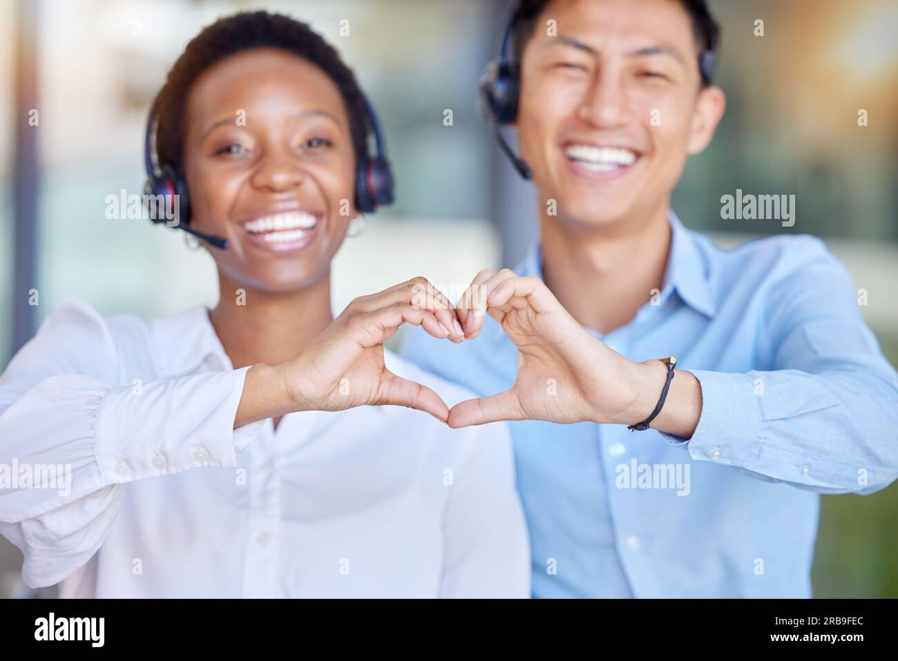 Heart hands, call center and portrait of business people consulting for ...