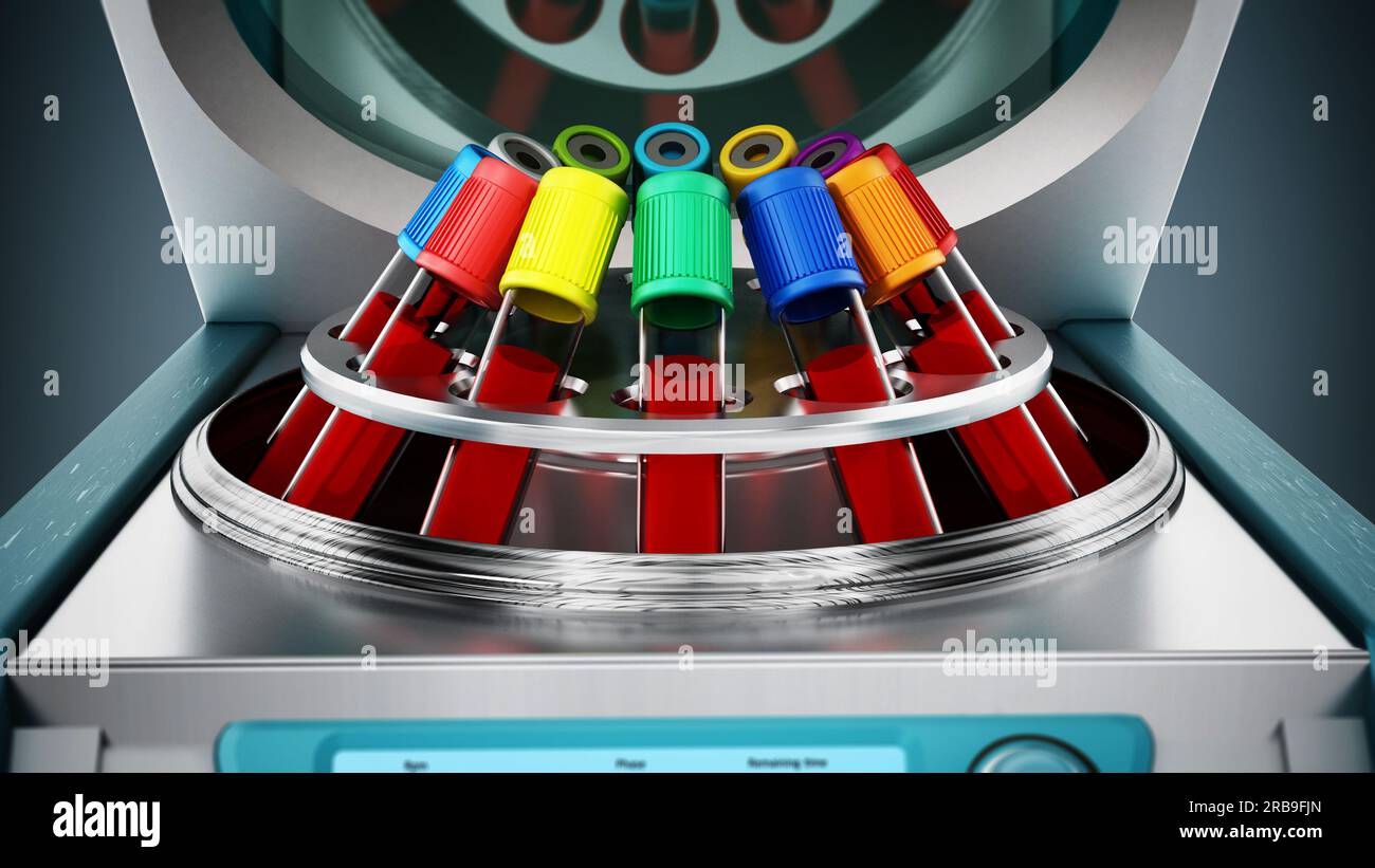 Blood centrifuge machine with test tubes full of blood samples. 3D ...