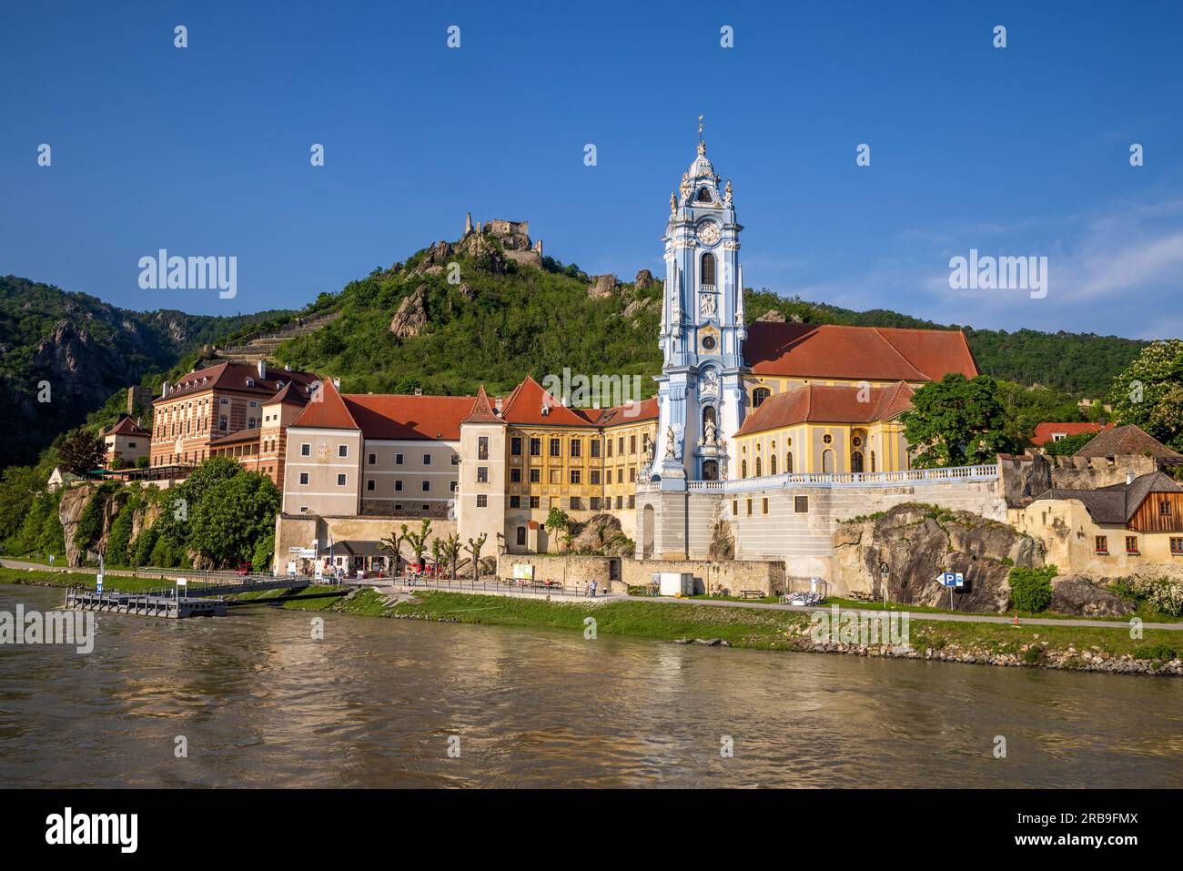 The Blue church at Durnstein on the Danube River with Burgruine hilltop ...