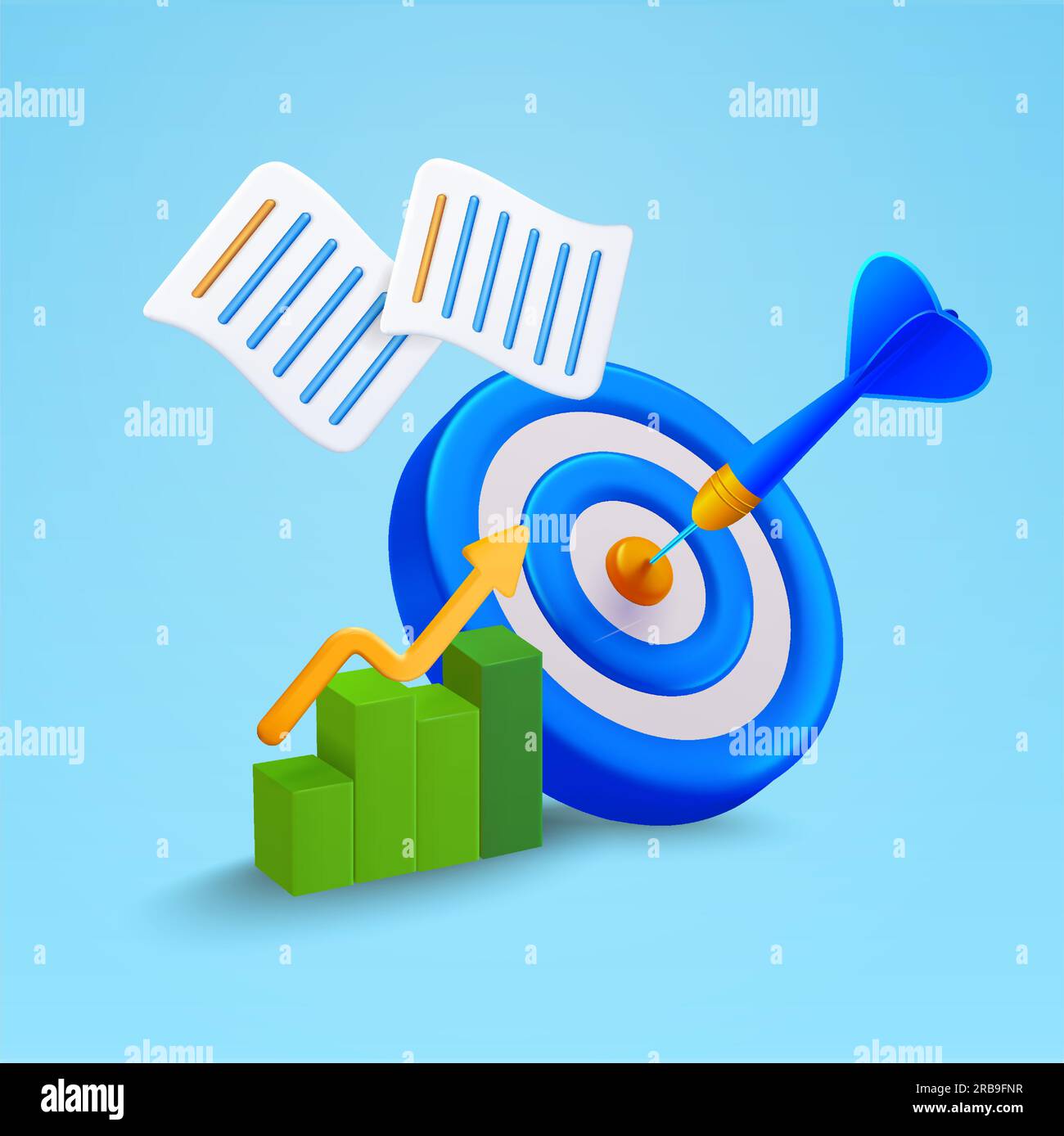 3d growing bar char, line chart with arrow, bull eye target with dart ...