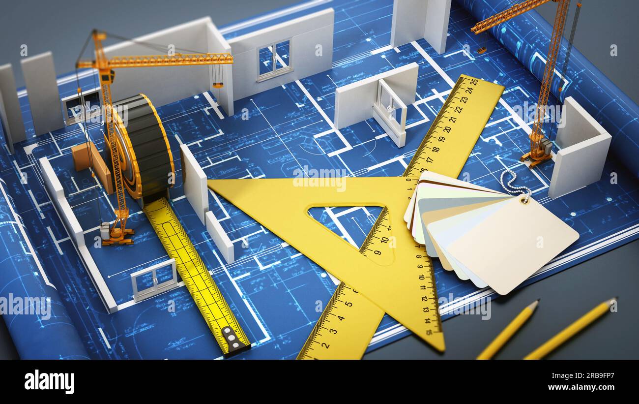 House construction project. 3D illustration Stock Photo - Alamy